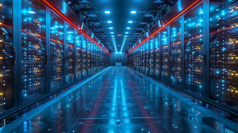 Server Room Interior with Blue Lights Stock Illustration - Illustration ...