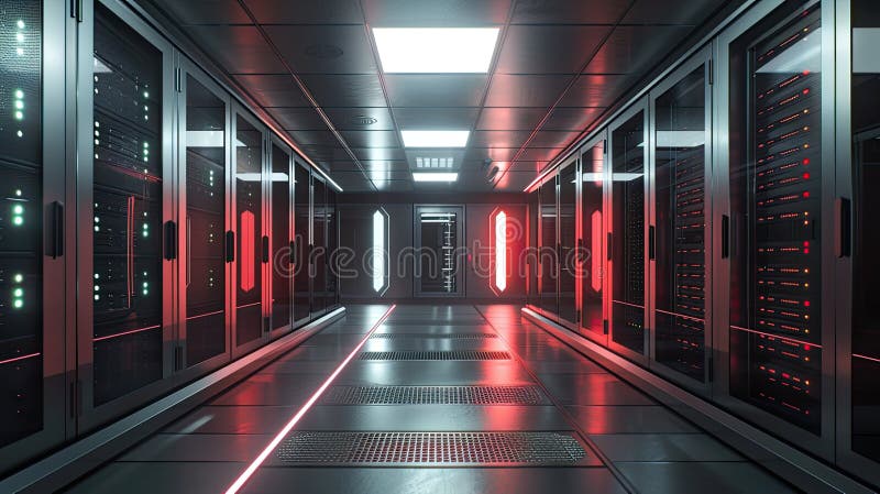 A Server Room Interior within a Bustling Datacenter, Where Rows of ...