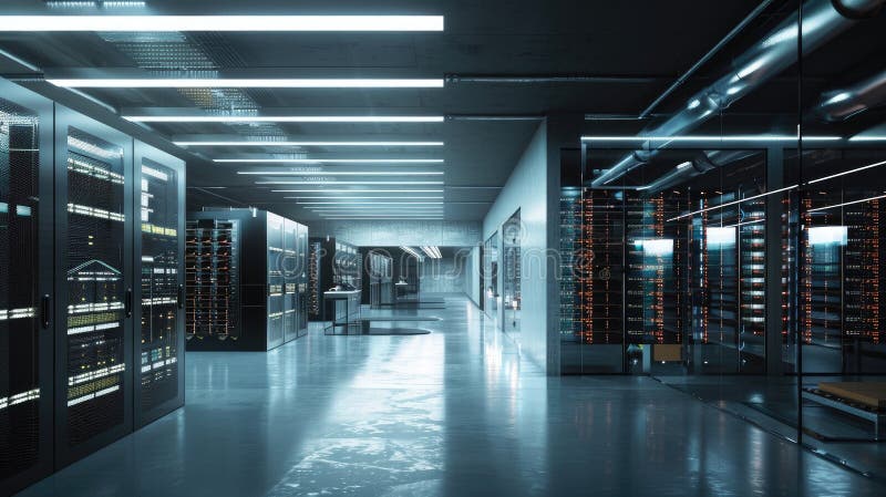 A Server Room Interior within a Bustling Datacenter, Where Rows of ...