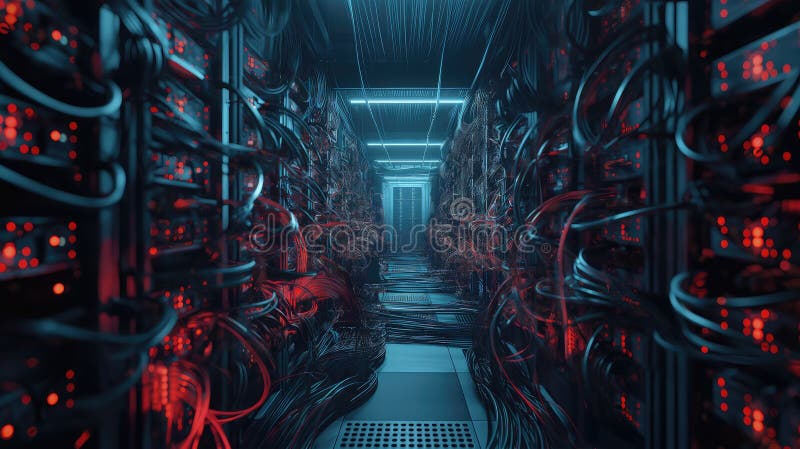 A Server Room Interior within a Bustling Datacenter, Where Rows of ...