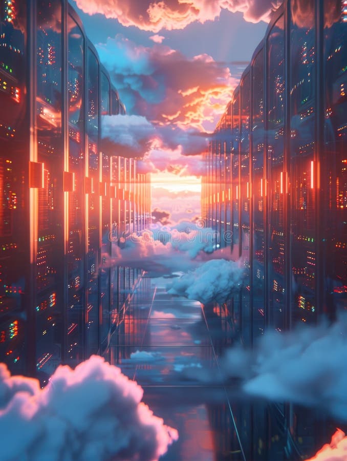 A Server Room Interior with Cloud-covered Sky Visible through the ...