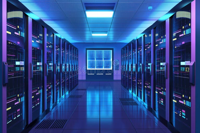 Server Room Interior in Data Center with Rows of Rack-mounted Servers ...