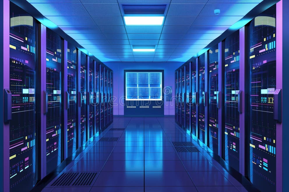 Server Room Interior in Data Center with Rows of Rack-mounted Servers ...