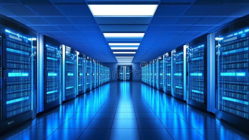 Server Room Interior in Datacenter in Blue Light, Modern Web Network ...