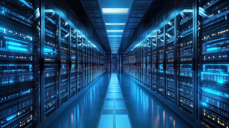 Server Room Interior, Illuminated with Blue Light Stock Illustration ...