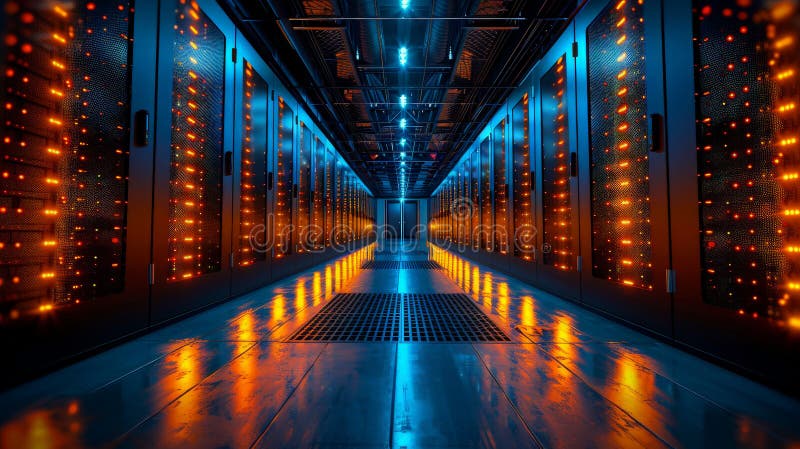 Server Room Interior with Orange and Blue Lights. Cloud Computing ...