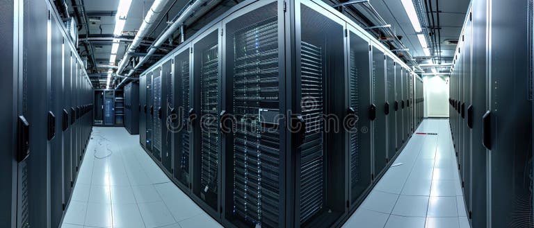 Server Room Interior with Rows of Black Cabinets and White Tile Floor ...