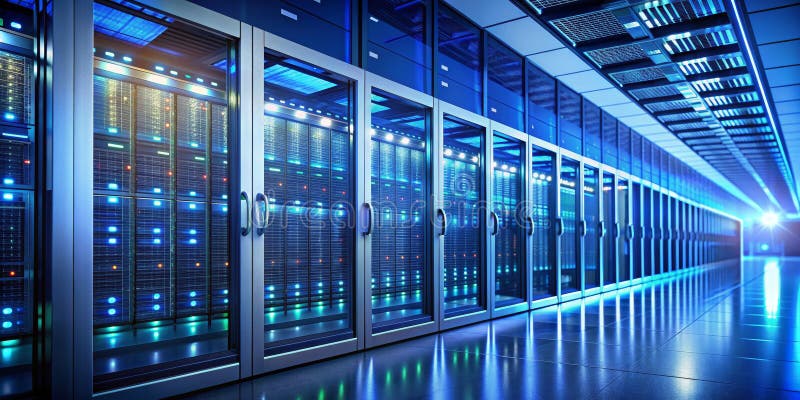 Server Room Interior Rows of Blue Lit Data Servers, 3D Render, Data ...
