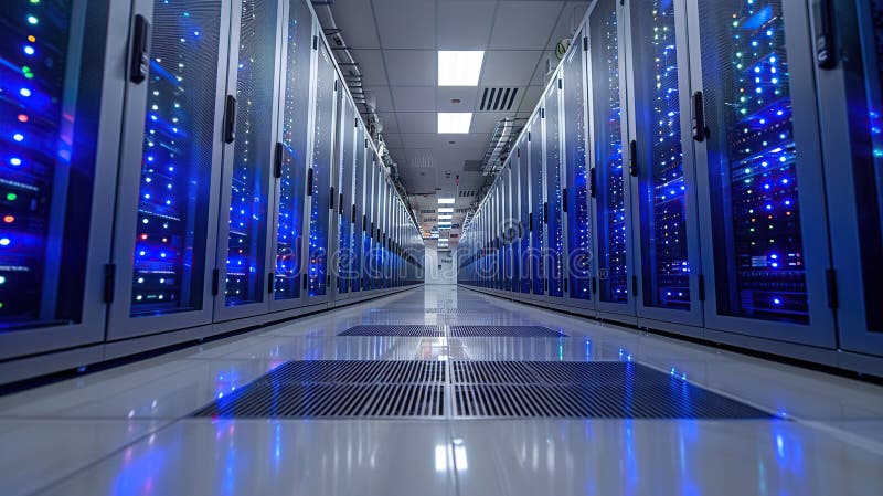 Server Room Interior with Rows of Cabinets and Glowing Blue Lights ...