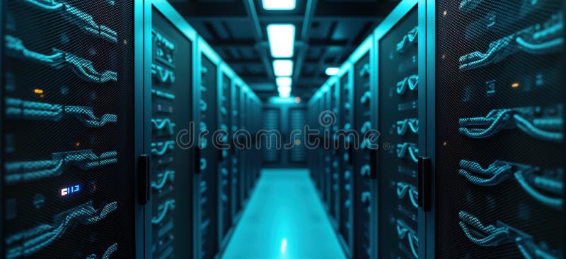 Server Room Interior Shows Many Dark Blue Server Cabinets. Tech ...