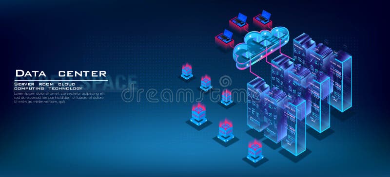 Server Room Isometric Concept. Working in Cloud Computing, Web Hosting with Cloud Data ...