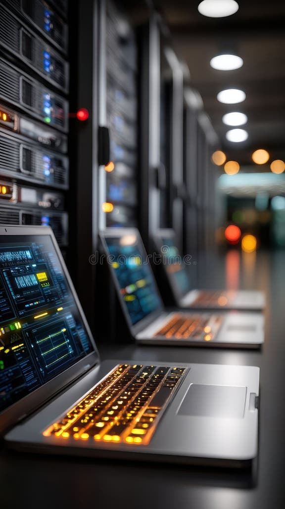 Server Room with Laptops Displaying Data and Glowing Keyboards, Data ...