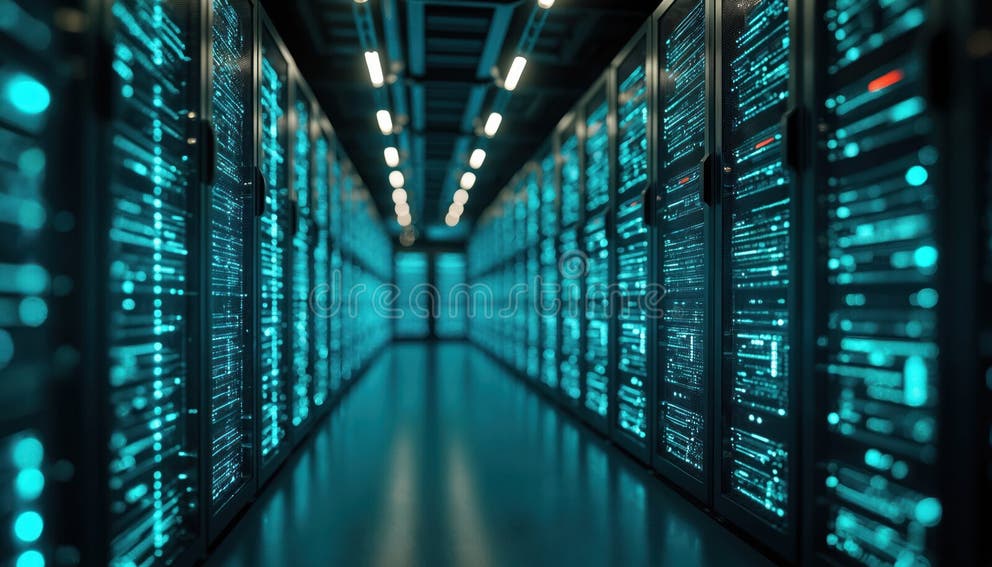 Server Room with Large Computer Server, White Surface with Blue ...