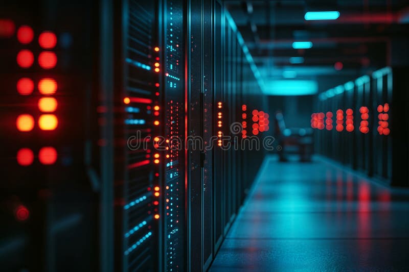 Blue-Lit Server Room Corridor with Rack-Mounted Servers, Generative Ai ...