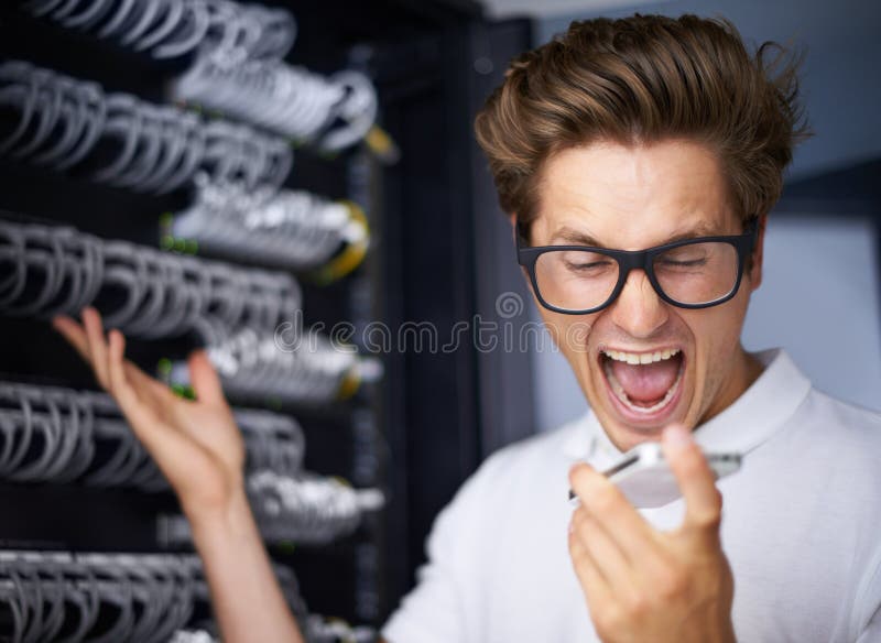 Server Room, Man and Angry on Phone Call for Cable, Talk or Glitch in ...
