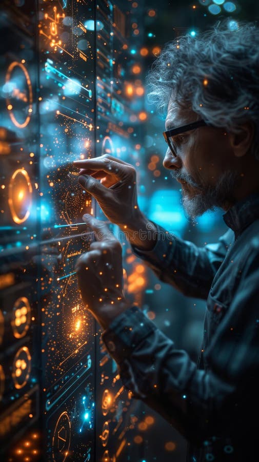 In a Server Room, a Man is Busy Working on a Computer Stock Photo ...