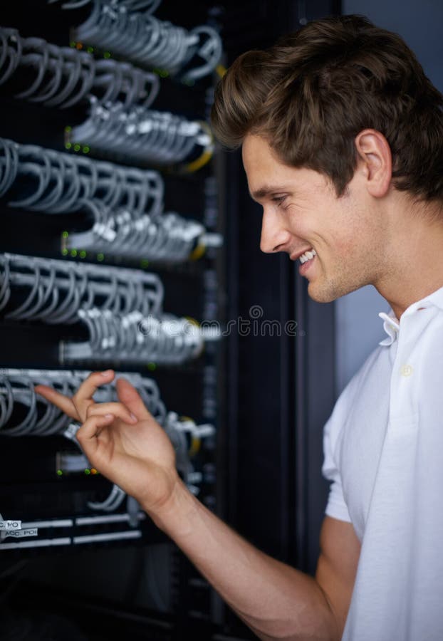 Server Room, Man and Check Cables with Smile, Thinking and Connectivity ...