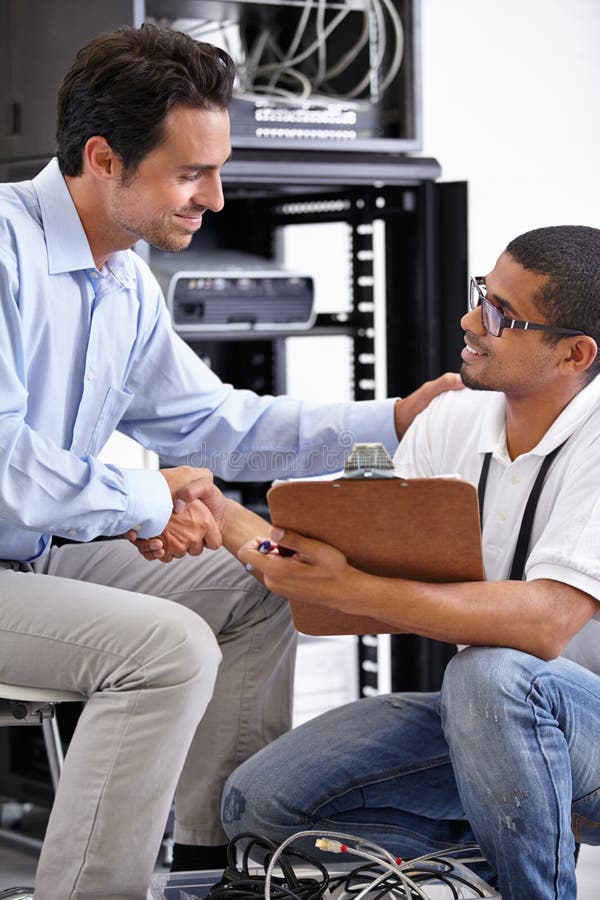 Server Room, Man or Technician Shaking Hands for Software Maintenance ...