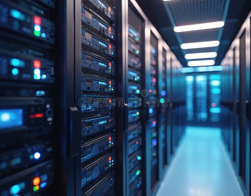 Server Room with Many Server Racks Stacked on. Modern Data Center with ...