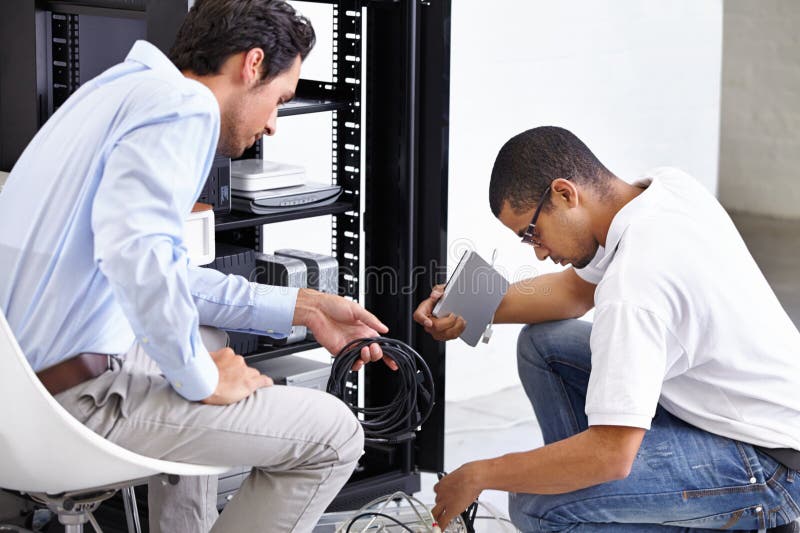 Server Room, Man or Technician Fixing Electronics for Hardware ...