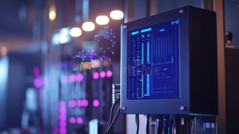 Server Room Monitoring System Displaying Complex Data Analysis And Network Connections Stock