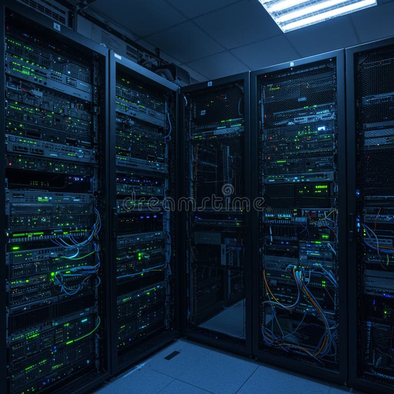 Server Room with Multiple Black Server Racks Filled with Computing ...