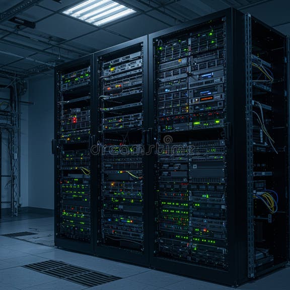 Server Room with Multiple Black Server Racks Filled with Equipment ...