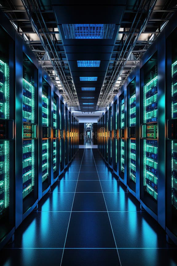 Server Room, Multiple Server Rack Hall in a Darkly Lit Office Stock ...