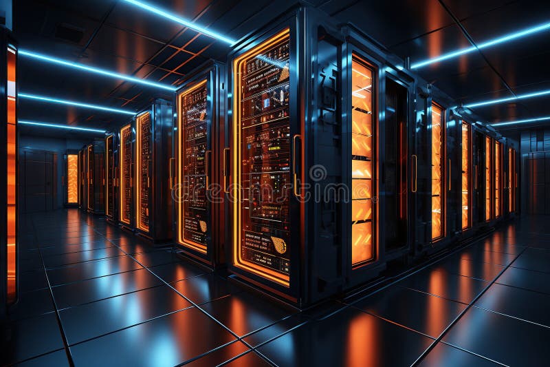 Server Room, Multiple Server Rack Hall in a Darkly Lit Office Stock ...