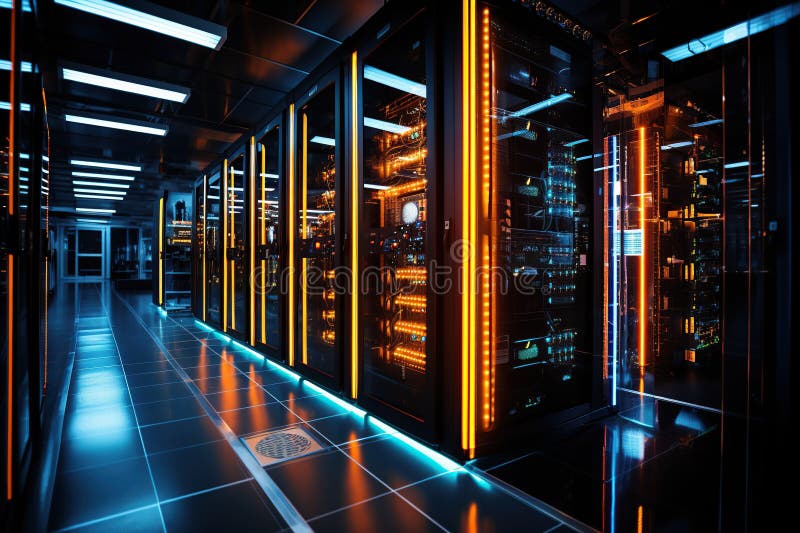 Server Room, Multiple Server Rack Hall in a Darkly Lit Office Stock ...