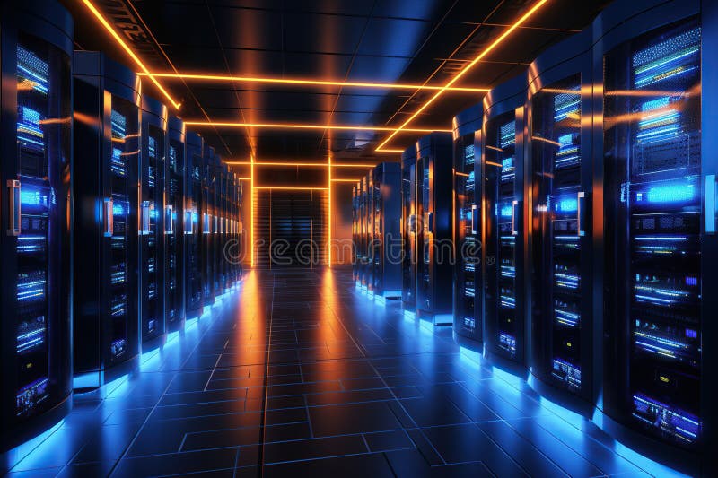 Server Room, Multiple Server Rack Hall in a Darkly Lit Office Stock Illustration - Illustration ...