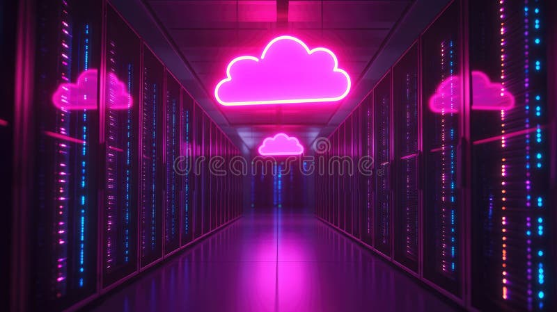 Server Room with Neon Cloud Signs Technology Concept Stock Illustration ...