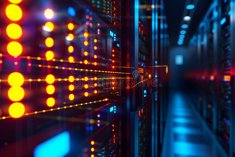 Server Room with Neon High Contrast Lighting Stock Illustration ...