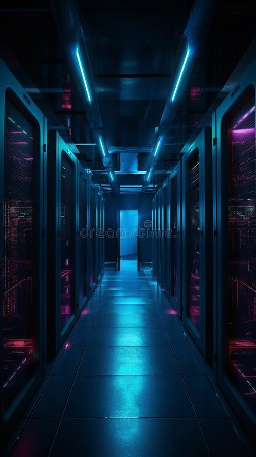 Server Room Neon Lighting stock illustration. Illustration of people ...