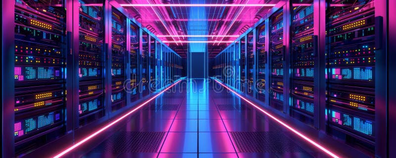 Server Room with Neon Lights and Futuristic Design Stock Photo - Image ...