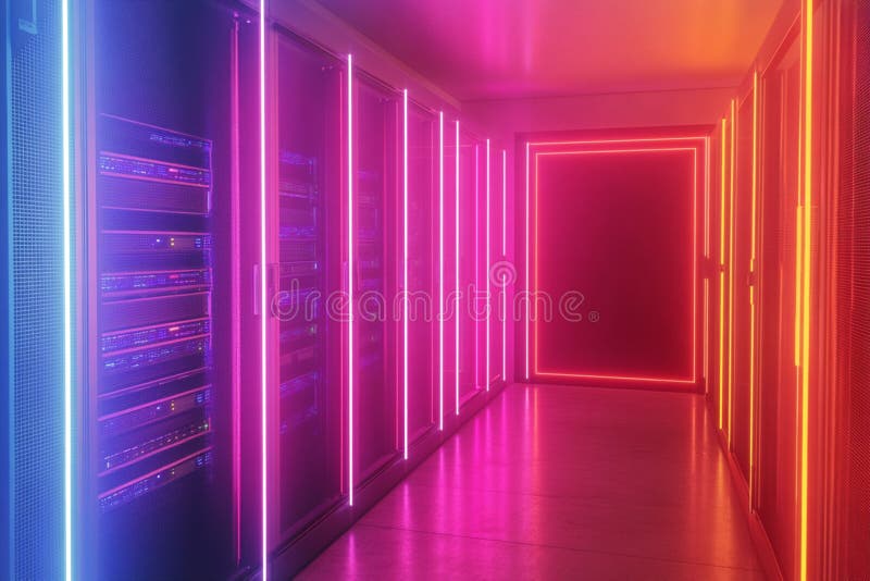 Server Room with Neon Lights Symbolizing Data Protection and Internet ...