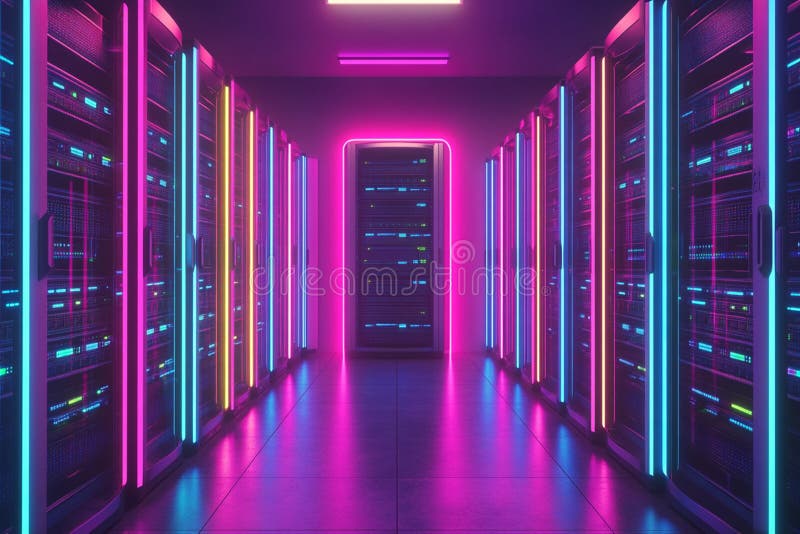 Server Room with Neon Lights Symbolizing Data Protection and Internet ...