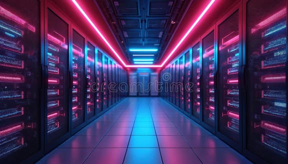 Server Room with Neon Lights Tech Infrastructure for Data Management, Storage. Advanced Hardware ...