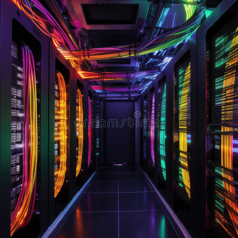 Server Room with Neon Lights Wires and Computers in Corridor. Data ...