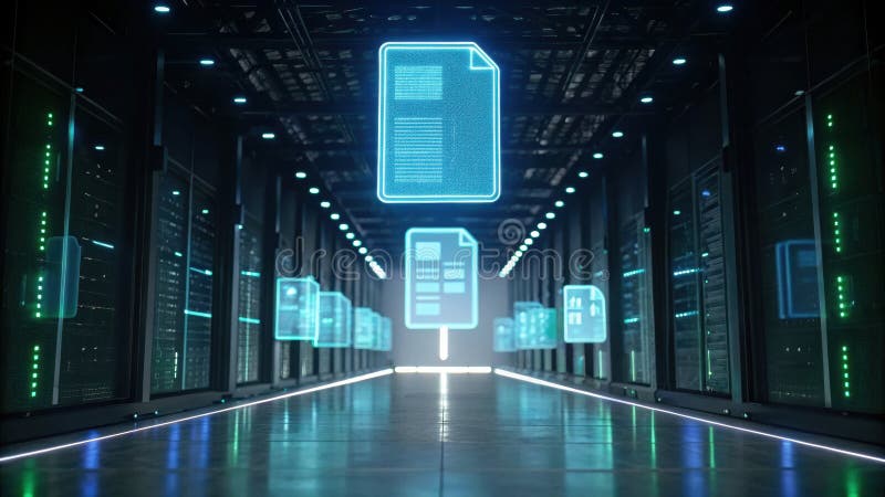 Server Room with Neon Sign Illustrating the Integration of Cyber ...