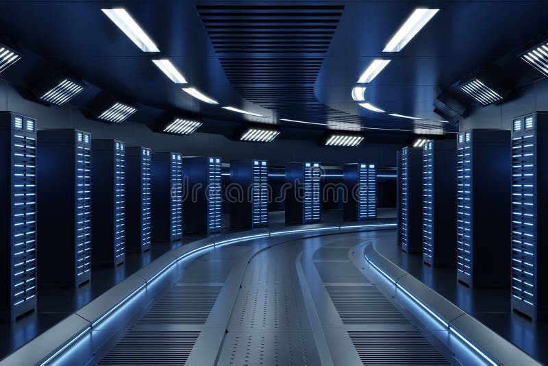 Server Room Network with Blue Lights Stock Illustration - Illustration ...