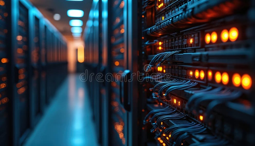 Server Room with Network Equipment, Cables, LED Lights. Modern Data ...