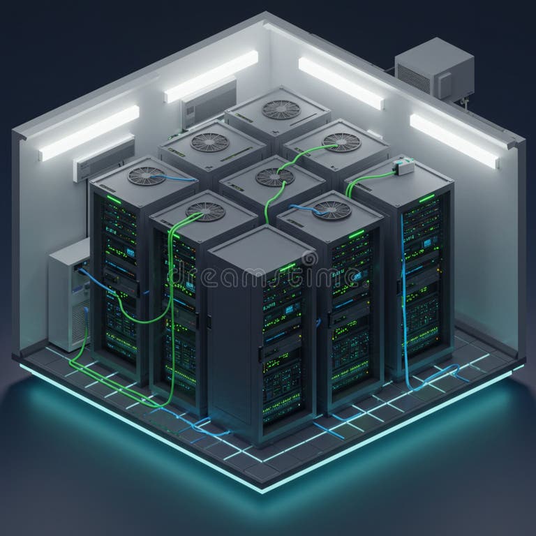 Server Room with Nine Black Server Racks Arranged in Rows. Each Rack ...