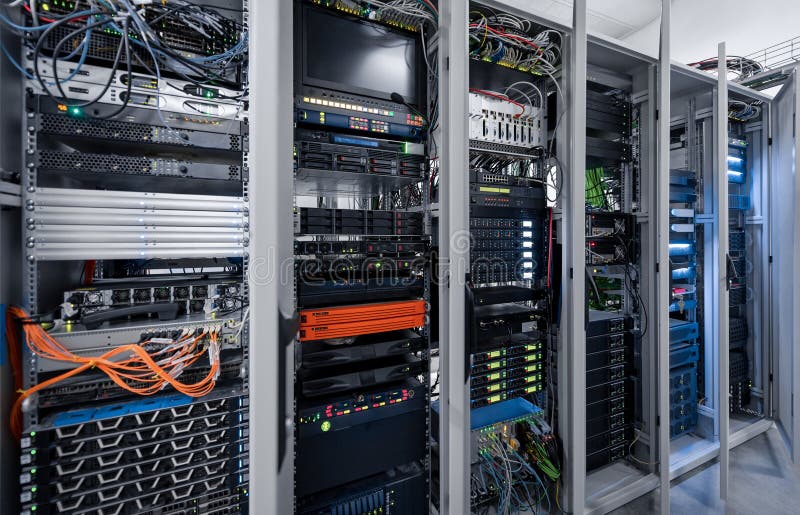 Six Server Racks with Opened Doors. Stock Photo - Image of network ...