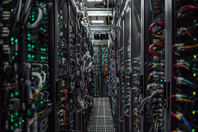 Server Room with Numerous Racks and Colorful Cables, Data Center ...