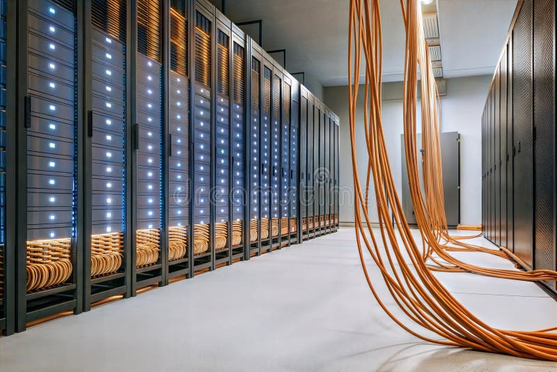 Server Room with Orange Cables Stock Illustration - Illustration of ...