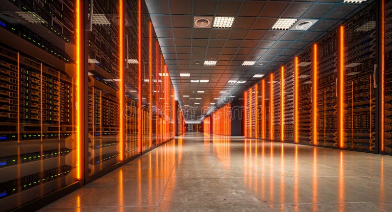 Server Room with Orange Lights Reflecting on the Floor Stock ...