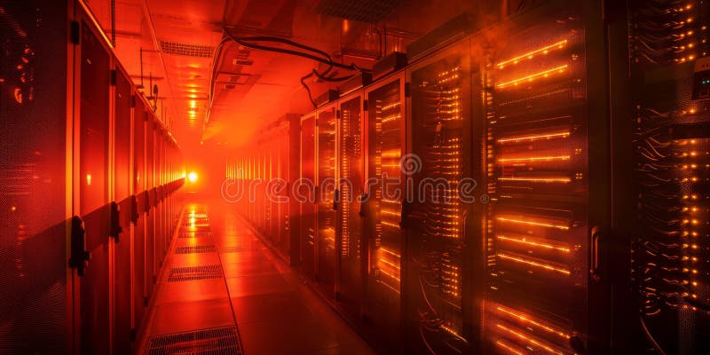 A Server Room with Overheating Equipment, Fans Working at Full Capacity ...