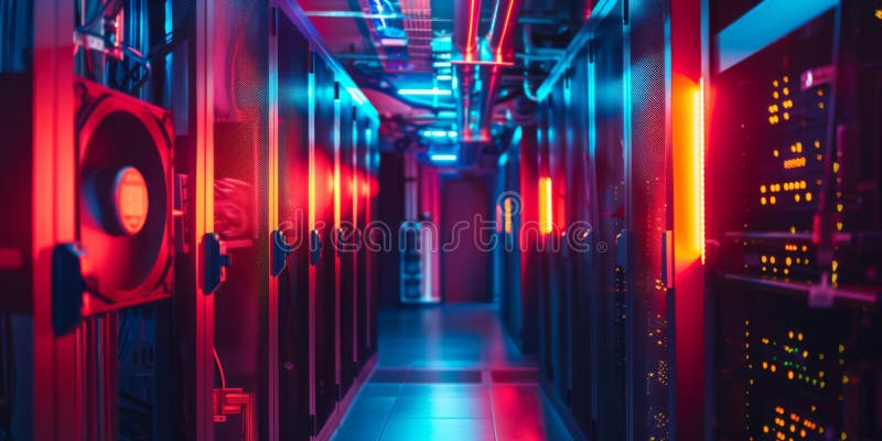 A Server Room with Overheating Equipment, Fans Working at Full Capacity ...