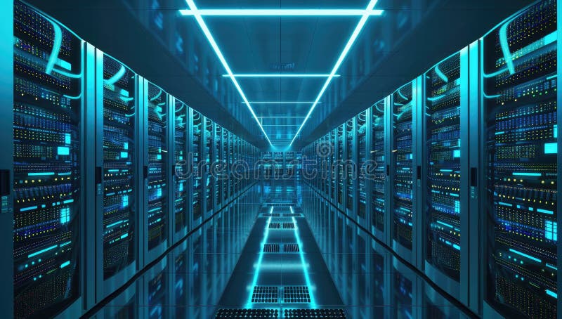 A Server Room Packed with Numerous Servers and Illuminated by Blue ...
